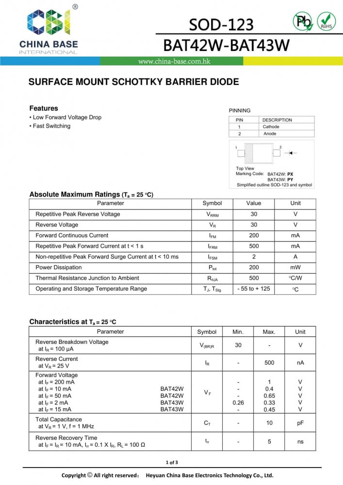 CBI BAT43W datasheet page 1