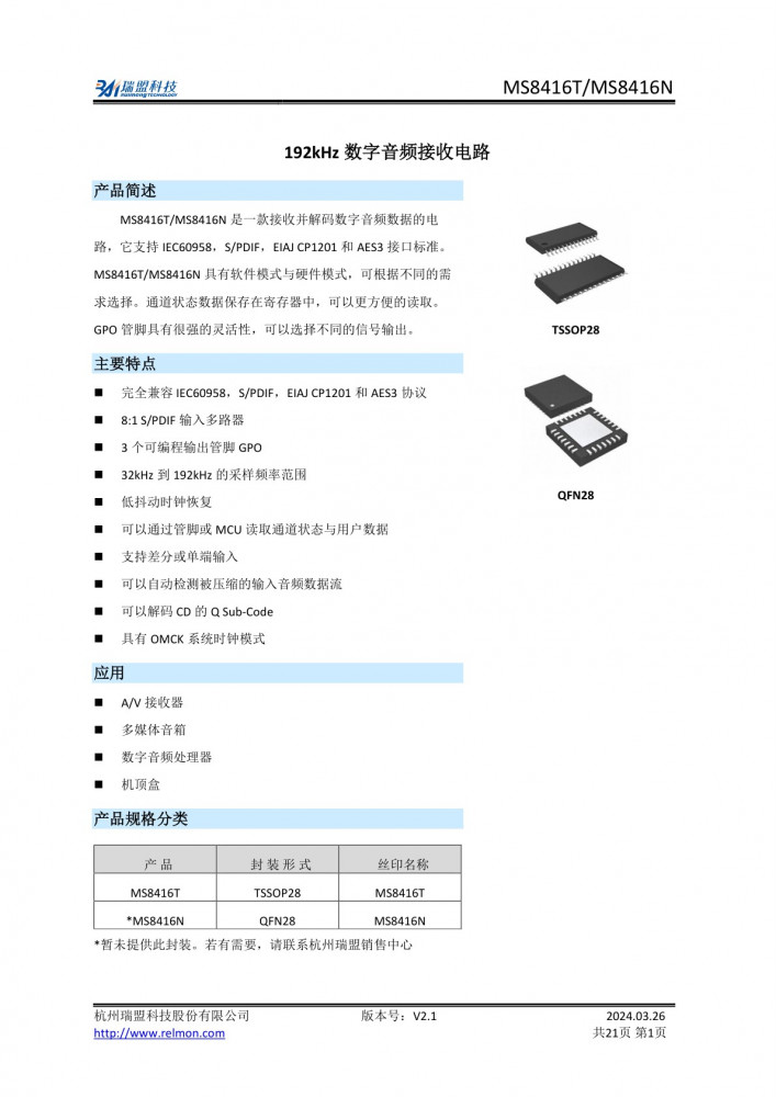 MS8416T datasheet page 1