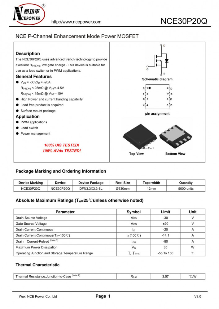 NCE30P20Q datasheet page 1