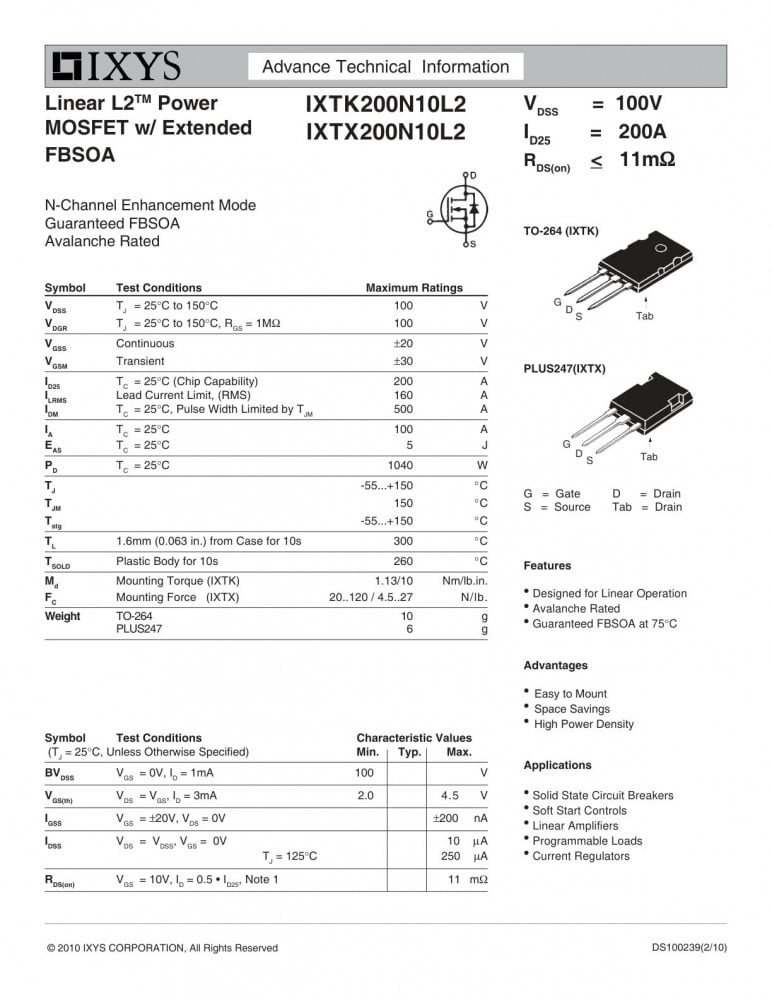 IXTX200N10L2 datasheet page 1