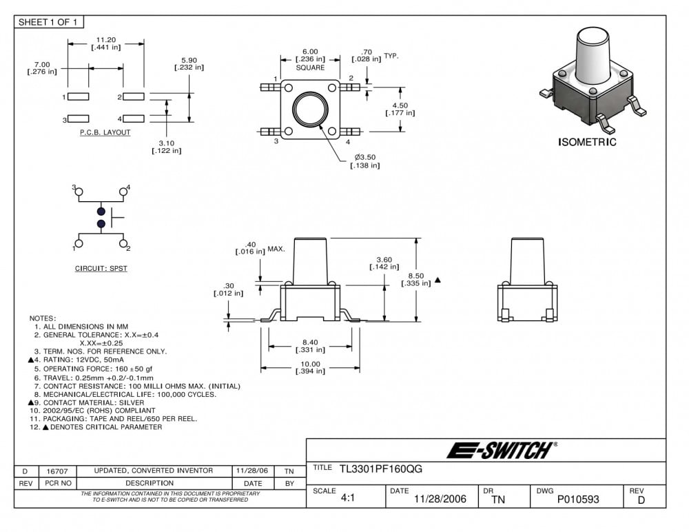 E-Switch TL3301PF160QG technical drawing