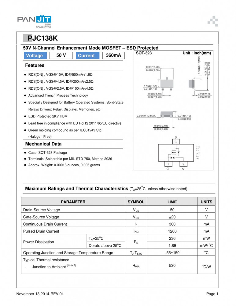 PJC138K datasheet page 1