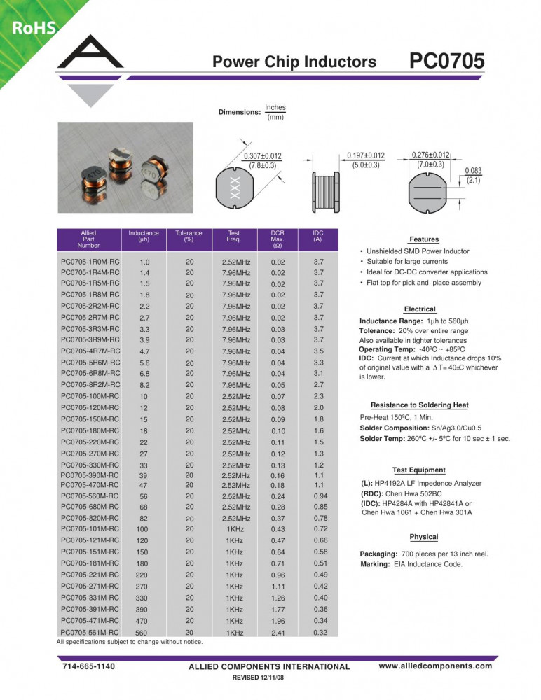 PC0705 series technical document page