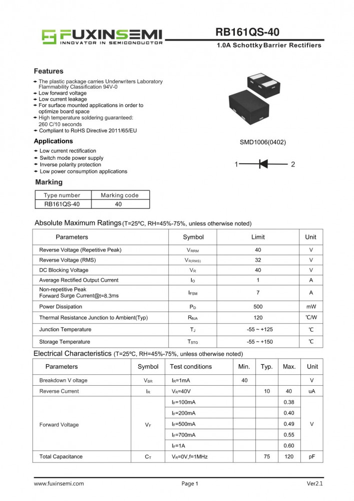 RB161QS-40 technical document page 1