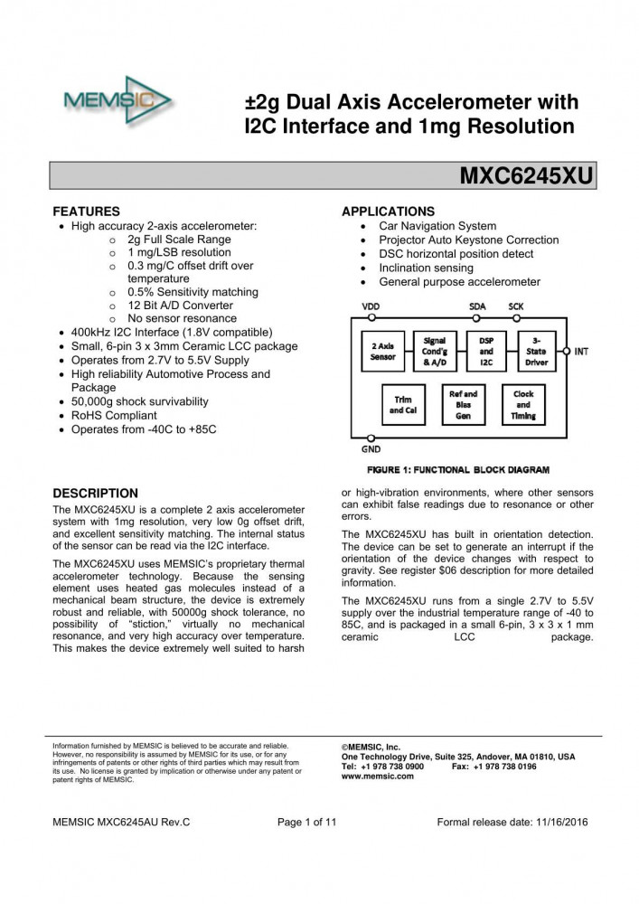 MXC6245XU datasheet page 1
