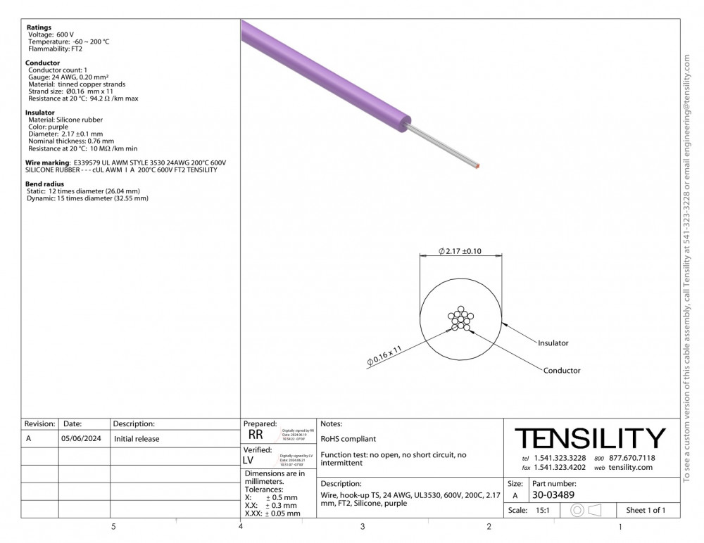Product drawing for Tensility International 30-03489 silicone hook-up wire