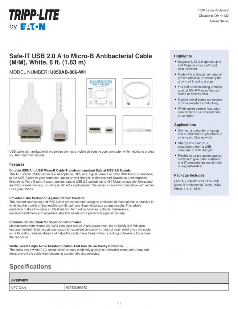 U050AB-006-WH technical document page 1