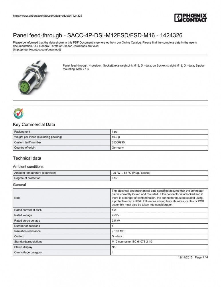 Phoenix Contact 1424326 product documentation page 1