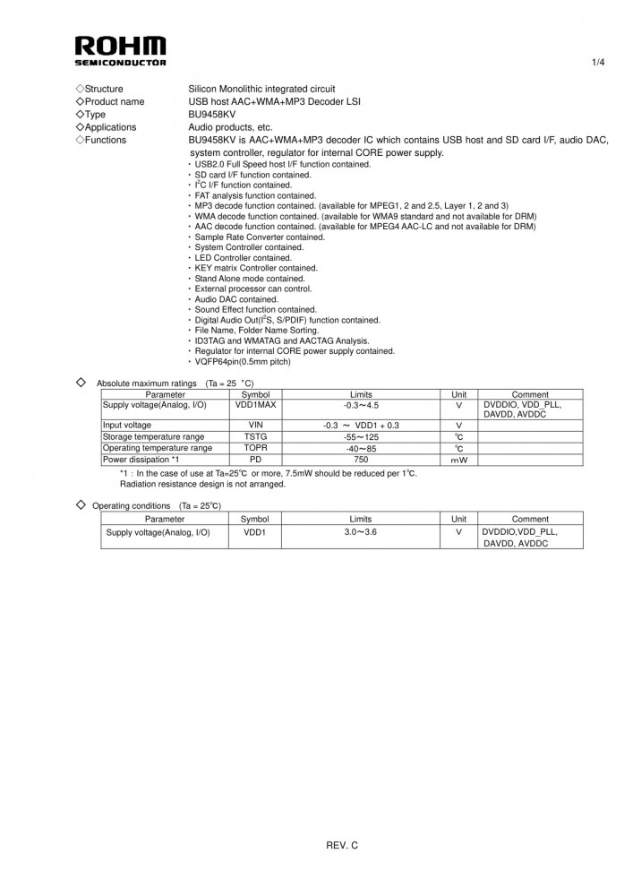 BU9458KV-E2 datasheet page 1
