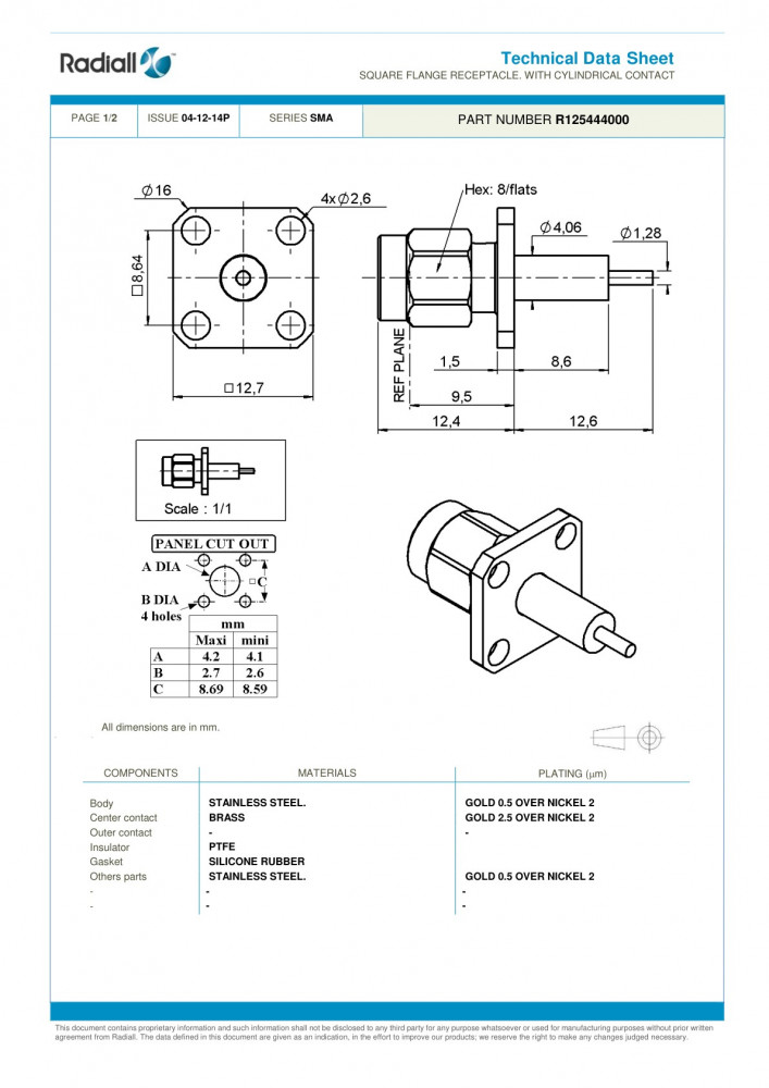 Radiall R125444000 SMA connector datasheet, page 1