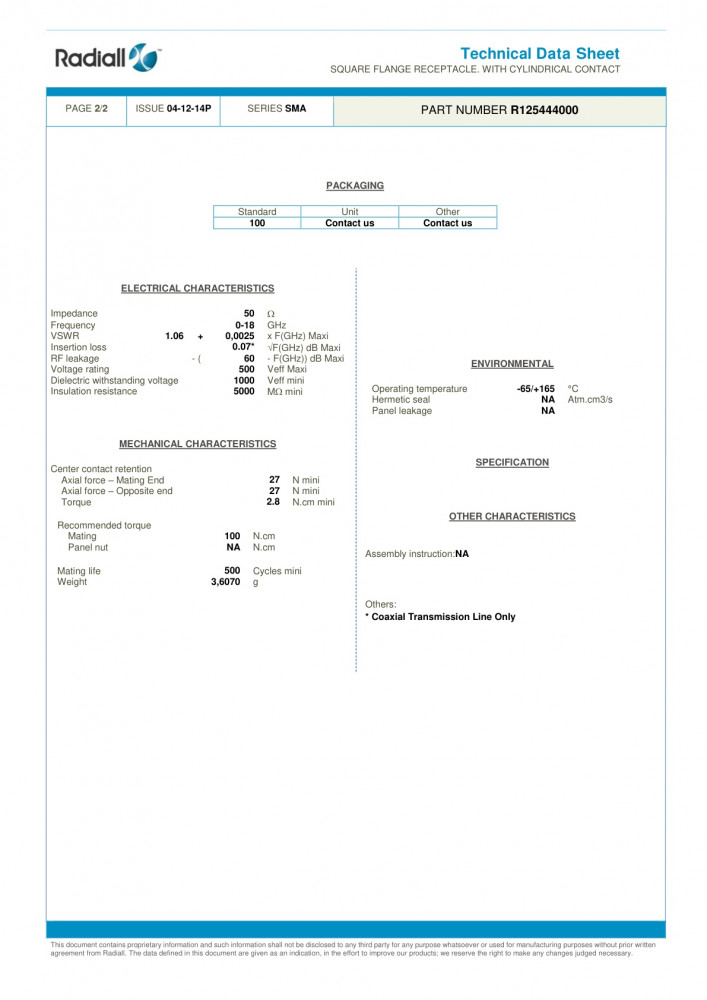 Radiall R125444000 SMA connector datasheet, page 2