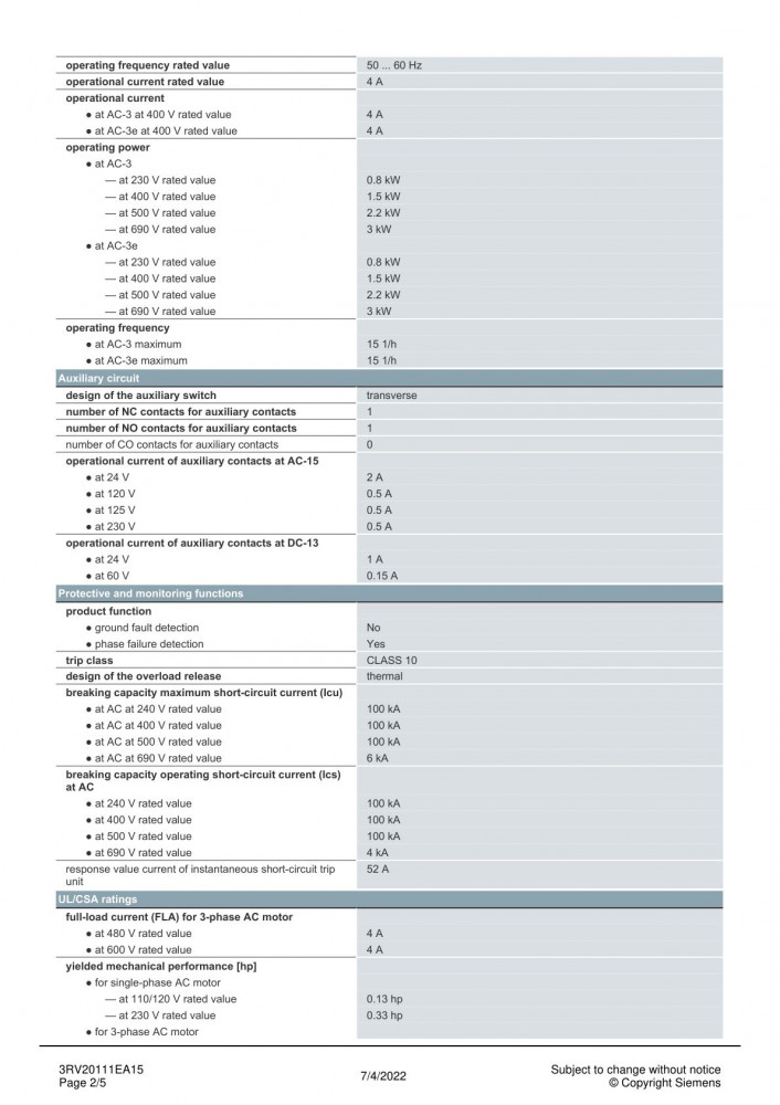 3RV20111EA15 datasheet page 2