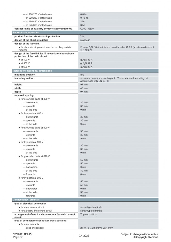 3RV20111EA15 datasheet page 3