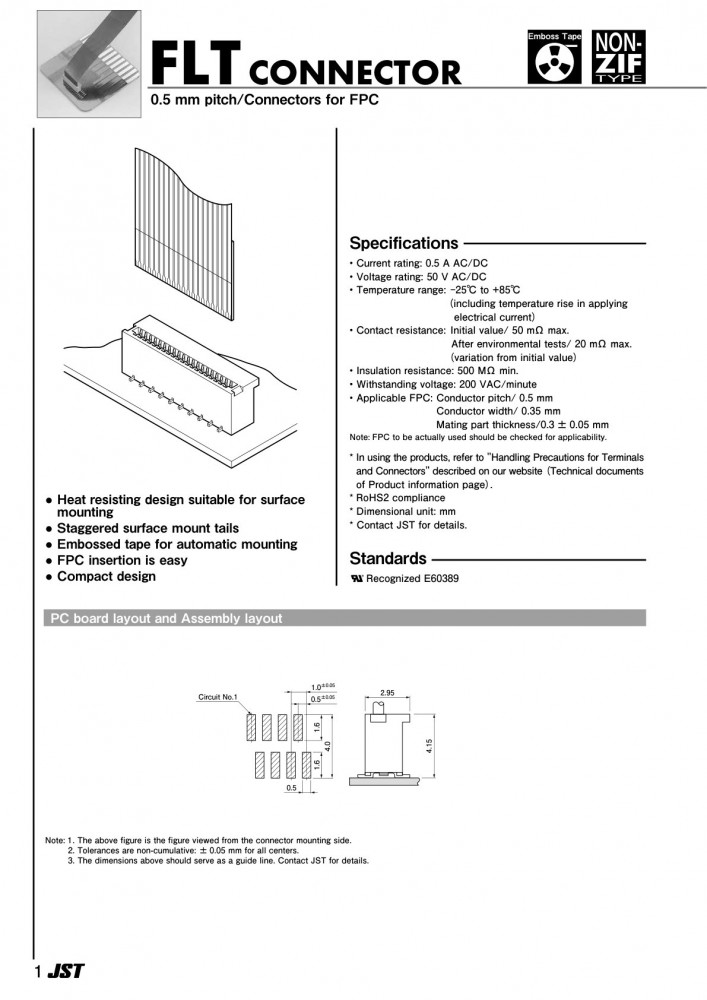 JST FLT-SM2 connector specifications and layout