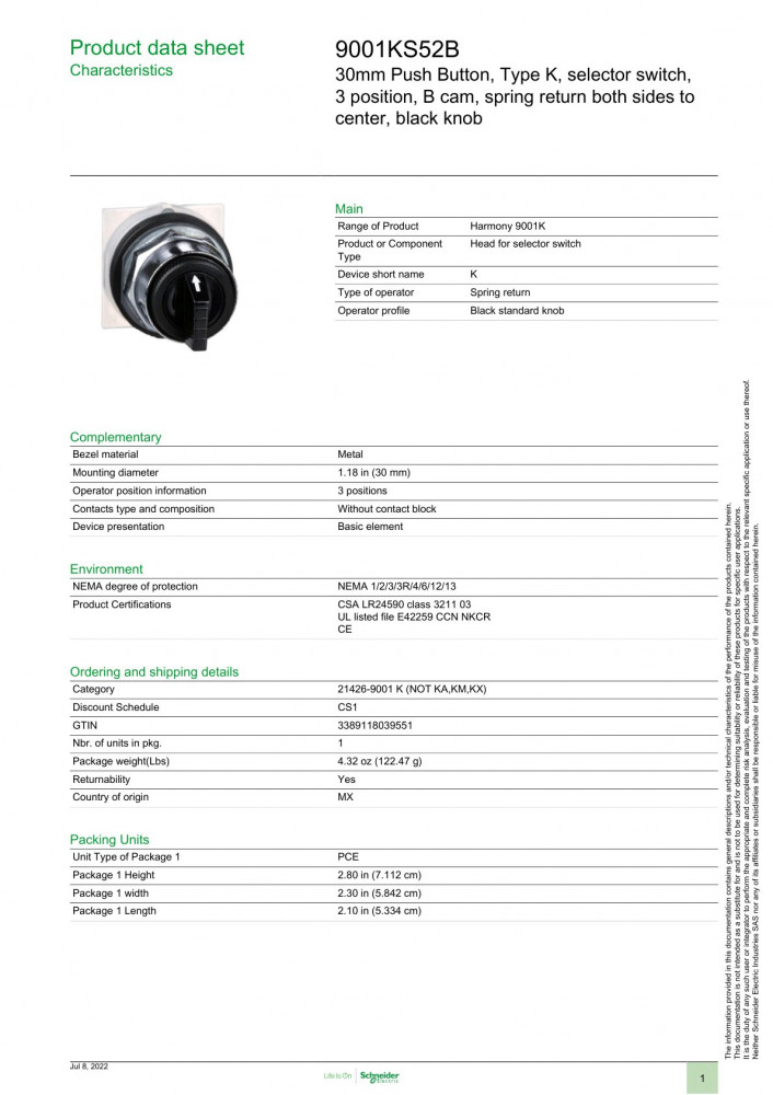 9001KS52B technical document page 1