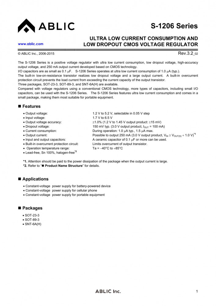 ABLIC S-1206 datasheet page 1