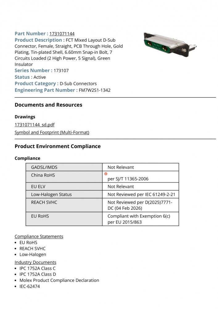 MOLEX 1731071144 product drawing, page 1