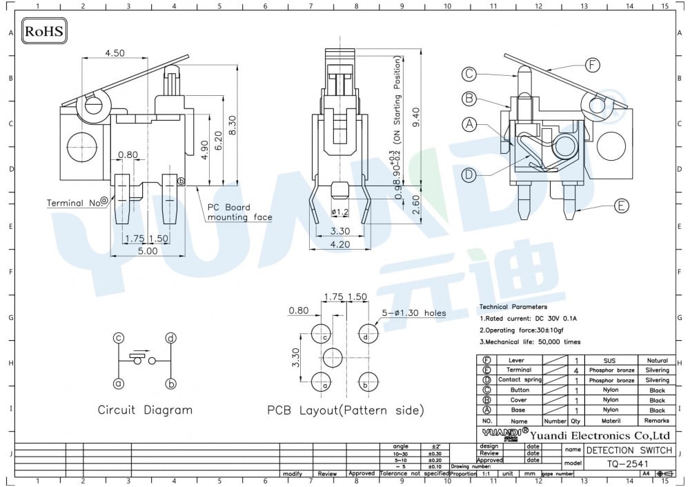 YUANDI TQ-2541 detection switch technical drawing