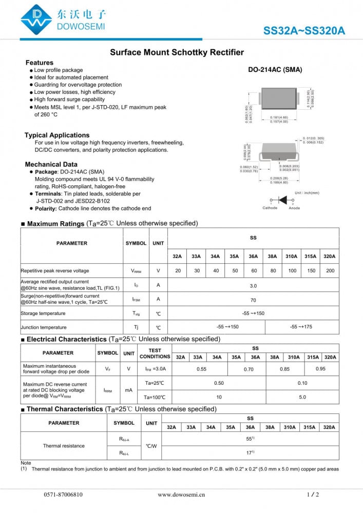 DOWO SS34A datasheet page 1