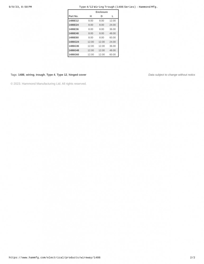 Hammond 1486 Series wiring trough technical document page 2