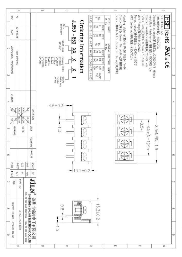 JILN JL850 terminal block technical drawing