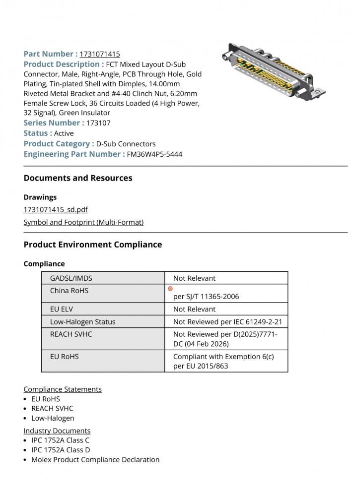 MOLEX 1731071415 technical document page 1