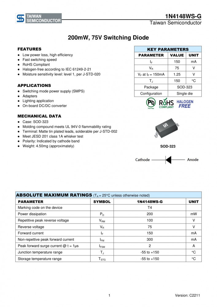 1N4148WS-G datasheet page 1