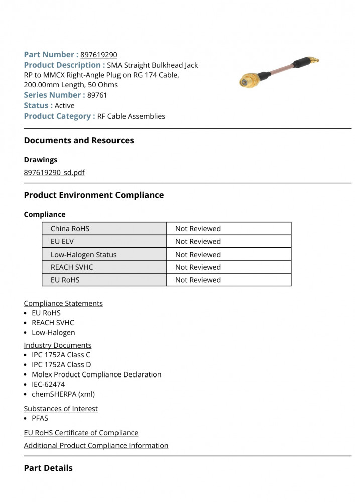 MOLEX 897619290 product drawing, page 1