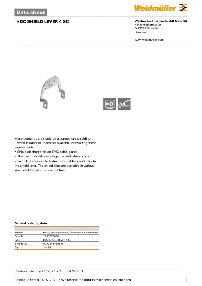 WEIDMULLER HDC shield lever document page 1