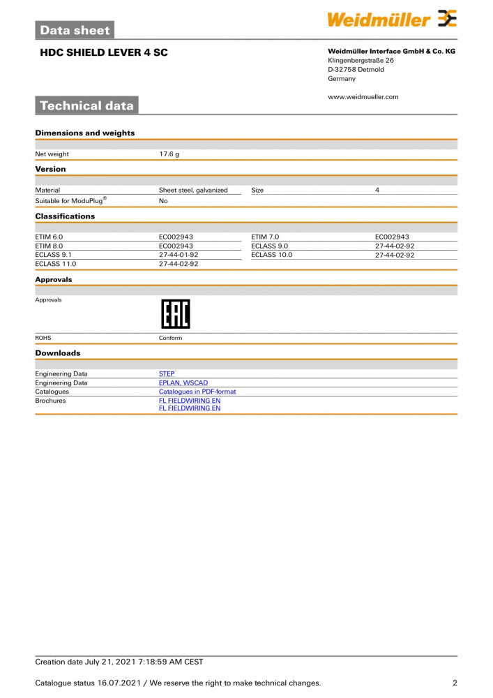 WEIDMULLER HDC shield lever document page 2