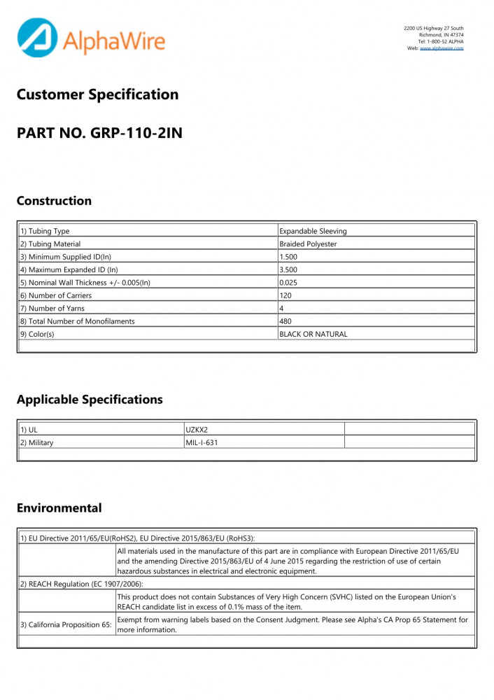 Alpha Wire G1102IN NA003 technical document page 1