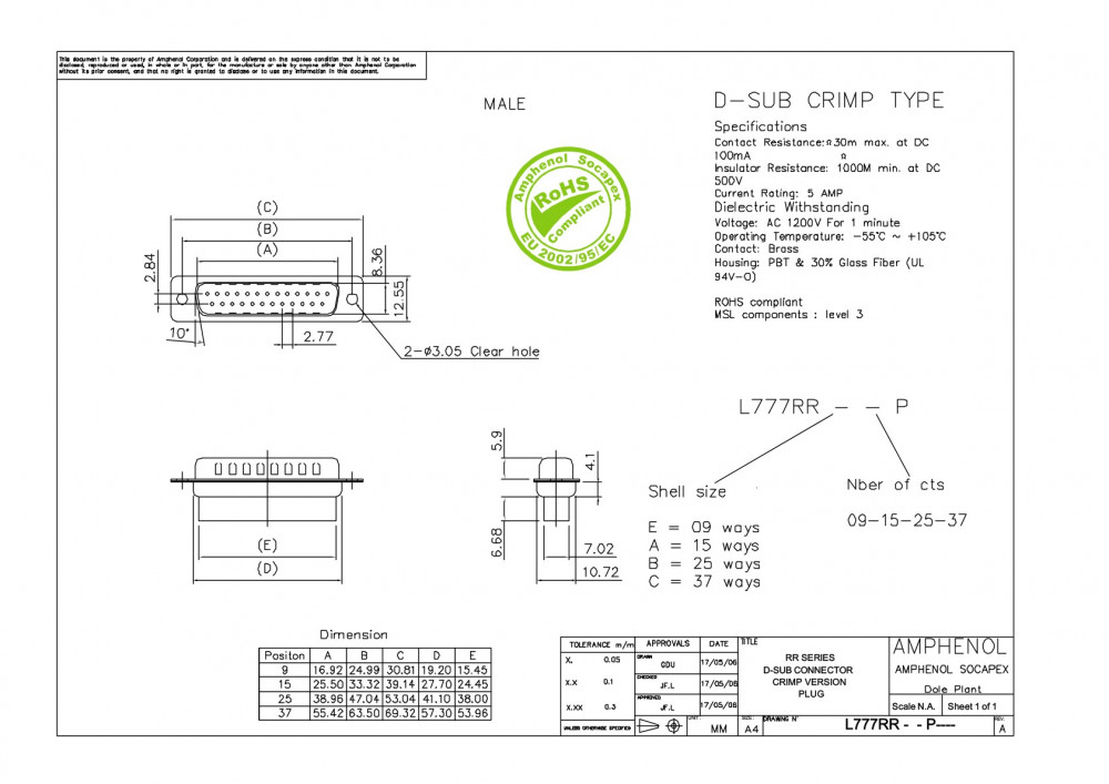 Amphenol L777RR D-Sub crimp version plug drawing