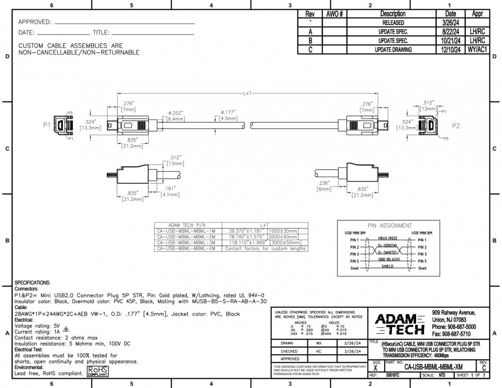 ADAM TECH CA-USB-MBML-MBML cable assembly drawing