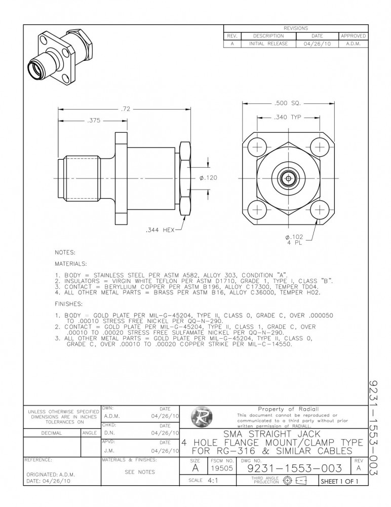 Radiall drawing page for 9231-1553-003
