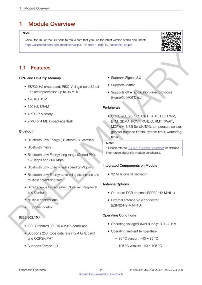 ESP32-H2-MINI-1-H2 datasheet page 2