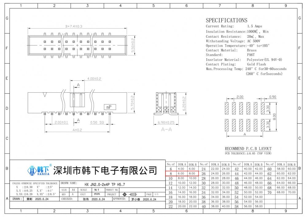 HANXIA HX JN2.0-2x4P TP H5.7 technical drawing