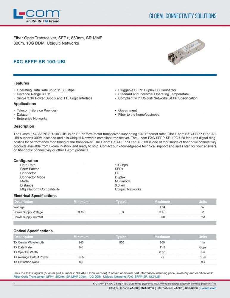 FXC-SFPP-SR-10G-UBI technical document page 1