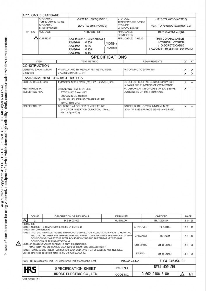 HRS DF81-40P-SHL specification sheet