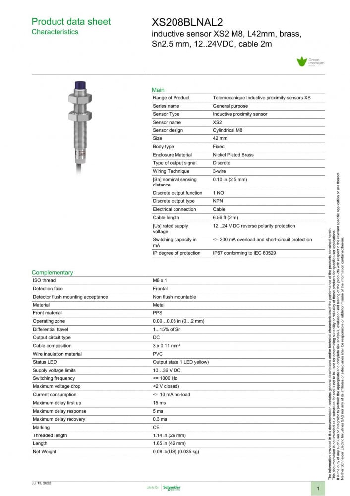 XS208BLNAL2 technical document page 1