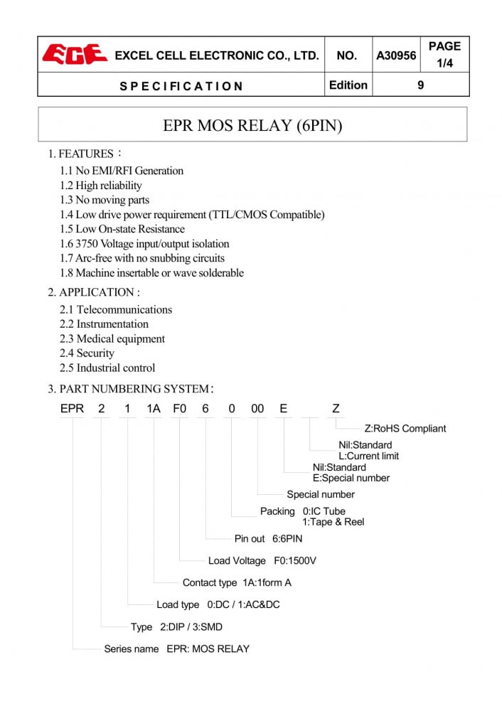 ECE EPR MOS Relay datasheet page 1