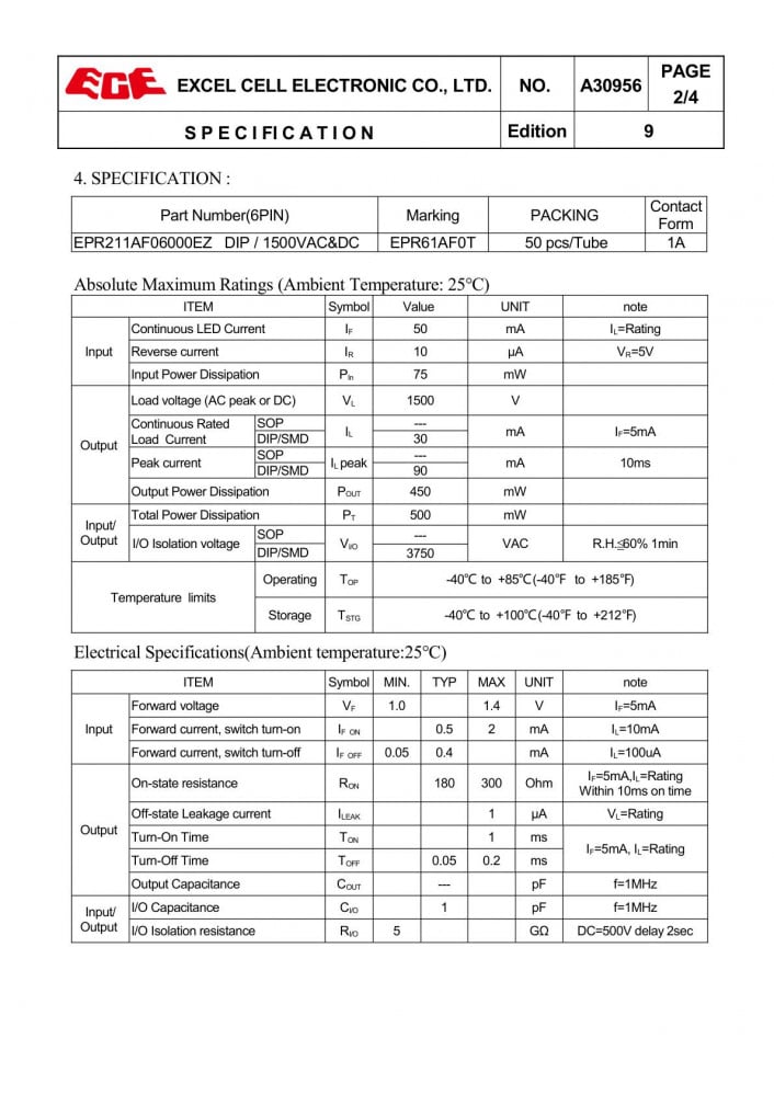 ECE EPR MOS Relay datasheet page 2