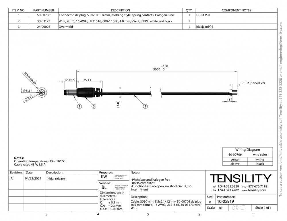 Tensility International 10-05819 cable assembly drawing