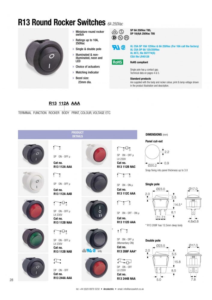 Bulgin R13 round rocker switch catalogue page