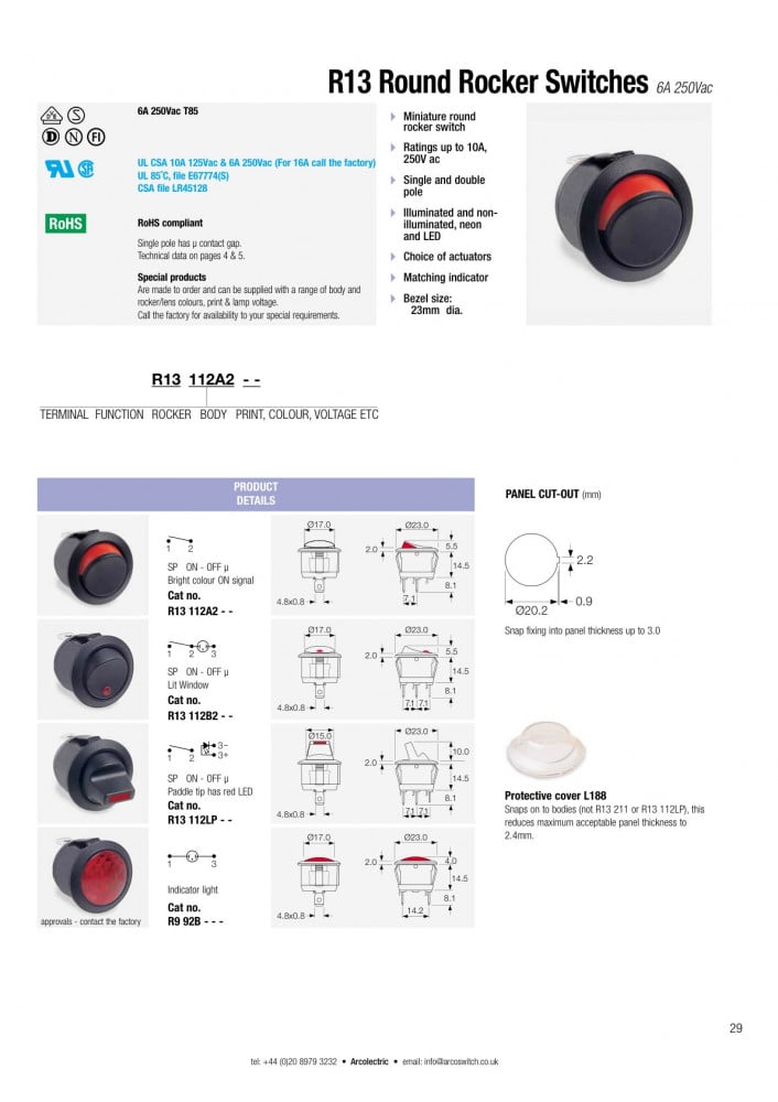 Bulgin R13 round rocker switch technical page