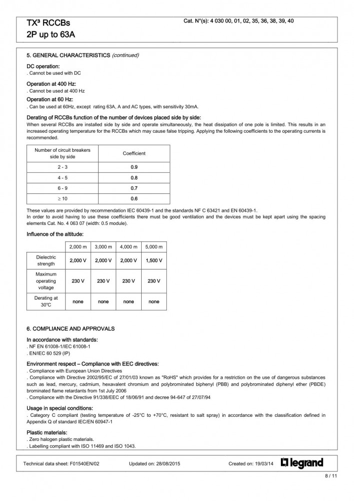 Legrand TX³ RCCB technical document, page 8