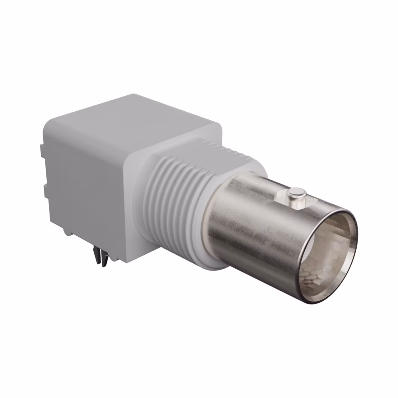 BNC Jack, Right-Angle, Bulkhead Receptacle, PCB, with Board Lock Legs, White PBT Housing, Housing Height 13.20mm, Nut and Lockwasher Not Included, 48 Pieces Per Tray, 50 Ohms for sale
