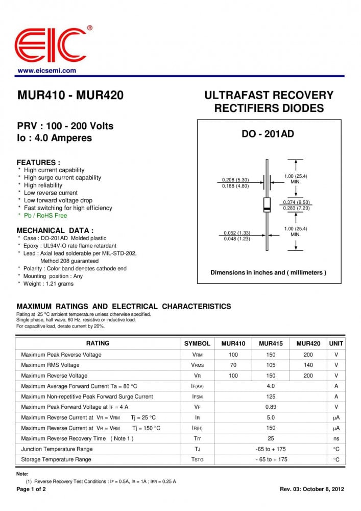 EIC MUR420 datasheet page 1