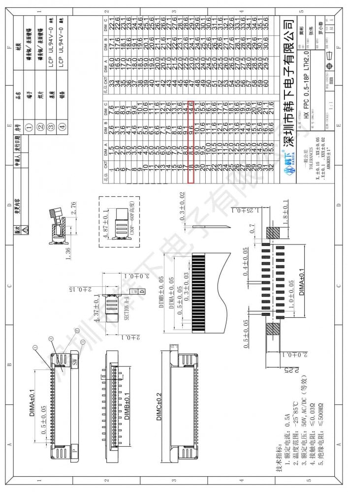 HX FPC 0.5-18P LTH2.0 specification page 1