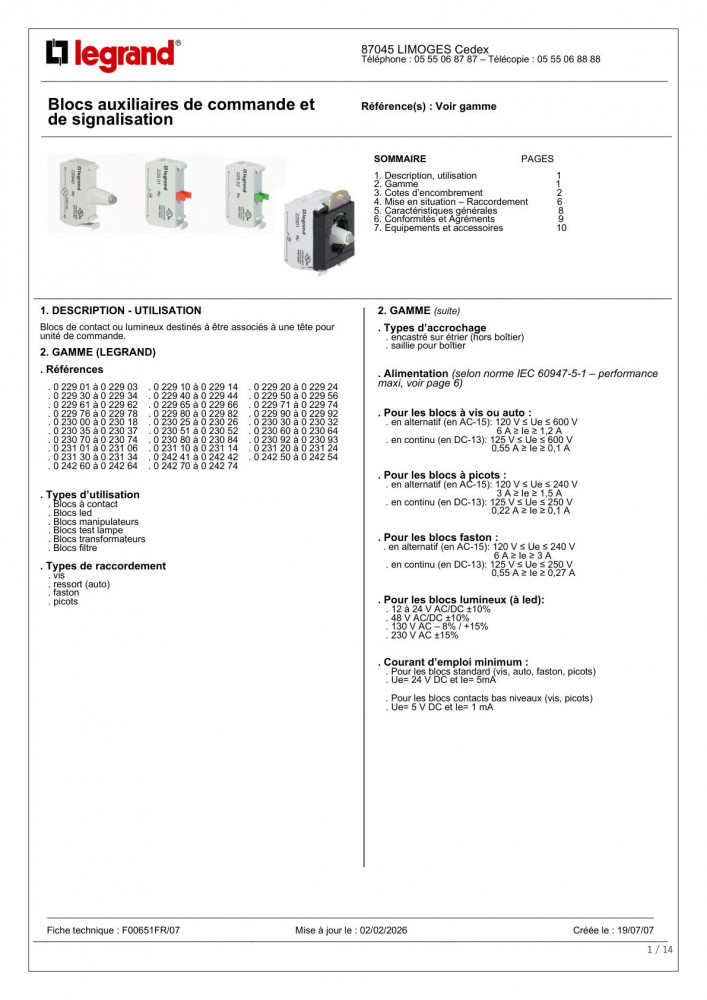 Legrand auxiliary control blocks technical document, page 1