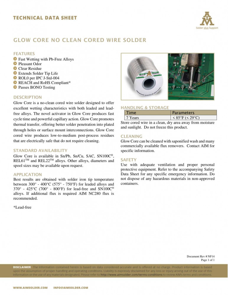 AIM Glow Core cored solder wire product document preview